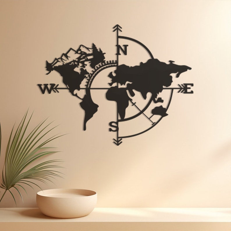 World Map Metal Wall Art With Compass Design, Travel-inspired Decor ...