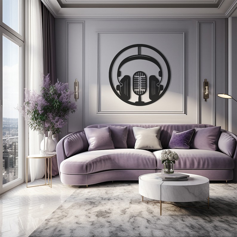 Podcast Microphone Wall Decoration, Earphone Accent, Metal Music Design ...