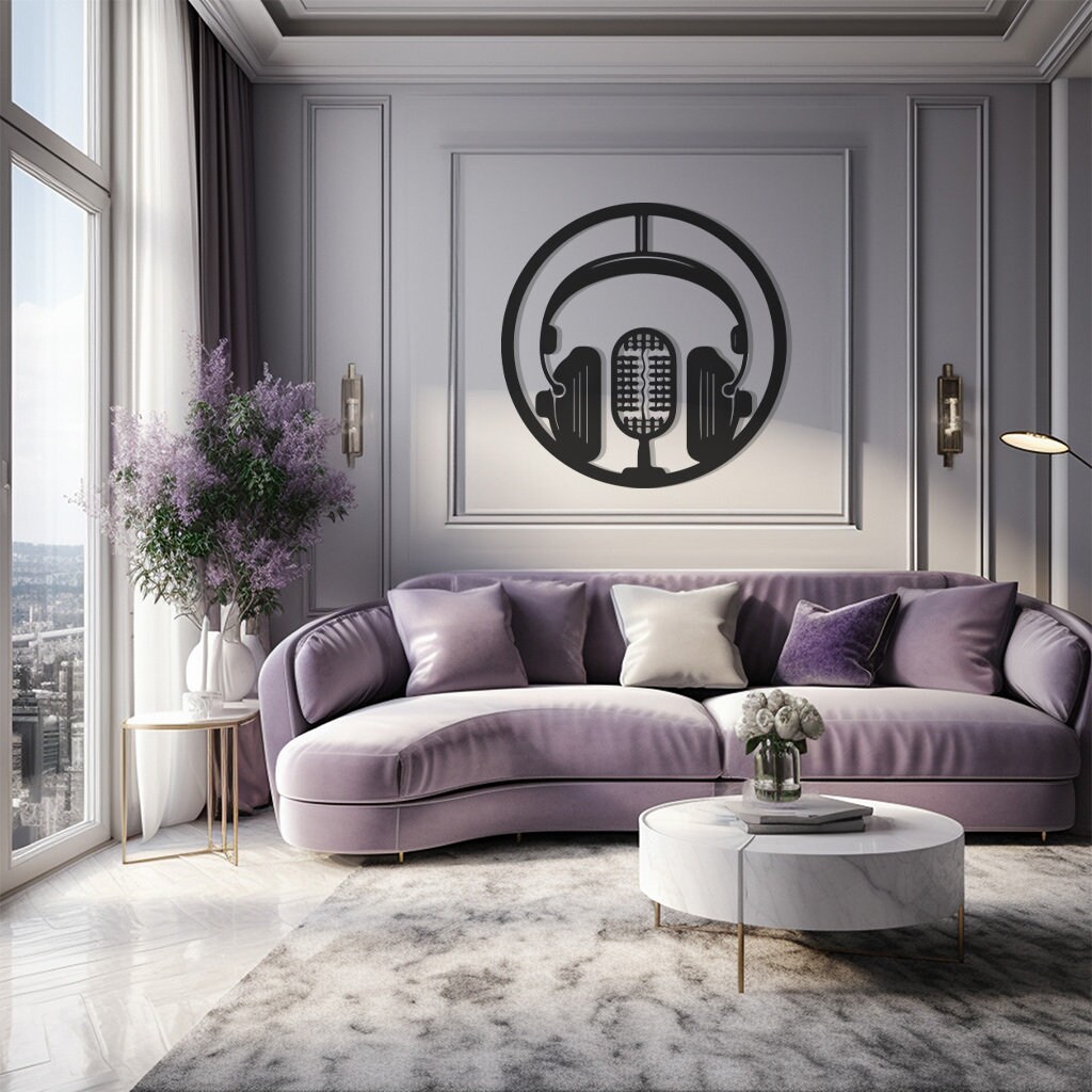Podcast Microphone Wall Decoration, Earphone Accent, Metal Music Design ...