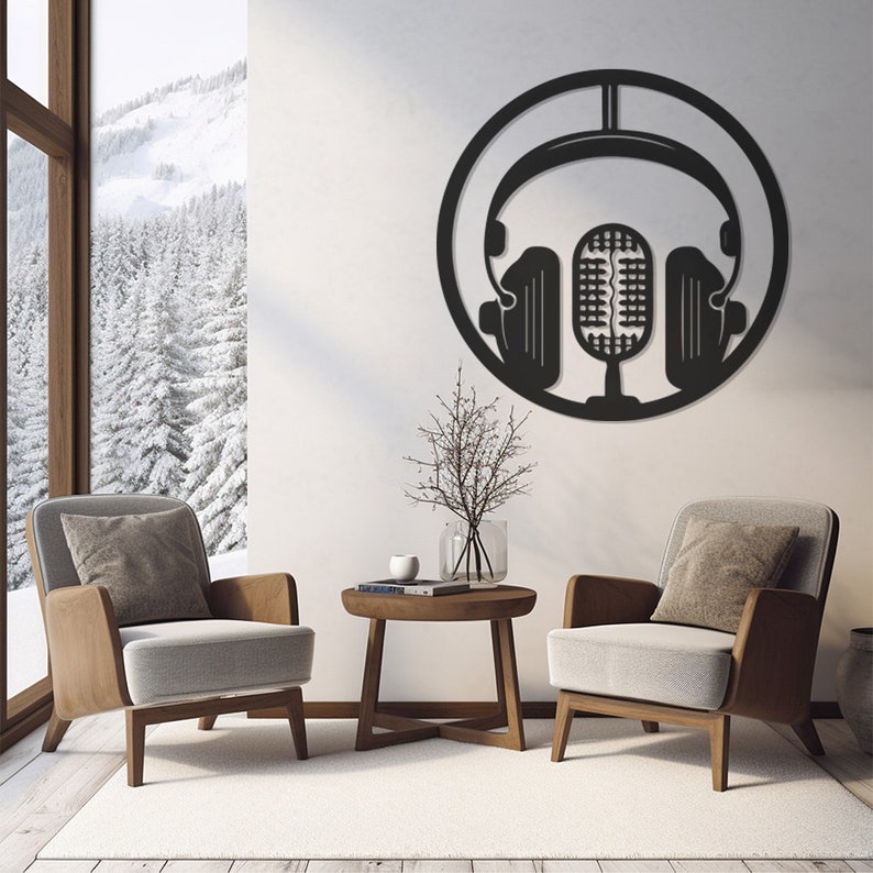 Podcast Microphone Wall Decoration, Earphone Accent, Metal Music Design ...