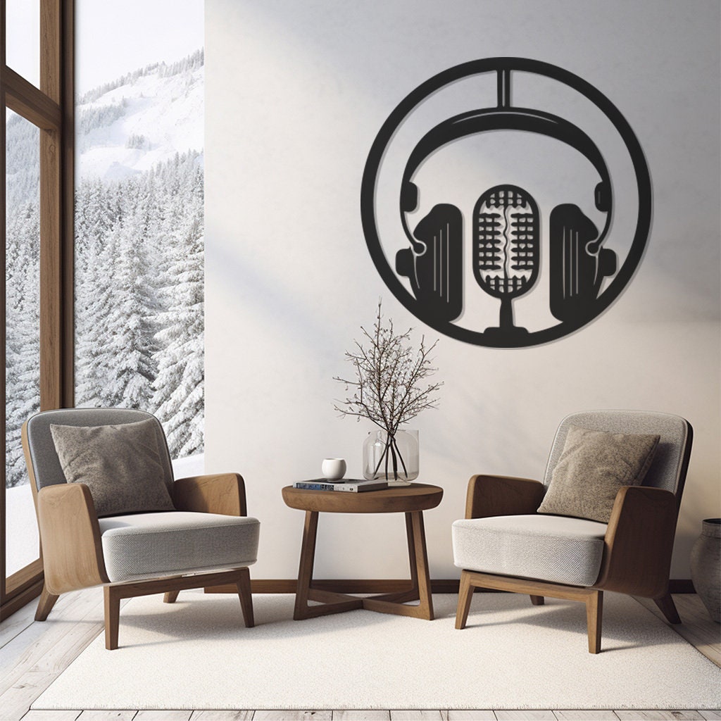 Podcast Microphone Wall Decoration, Earphone Accent, Metal Music Design ...