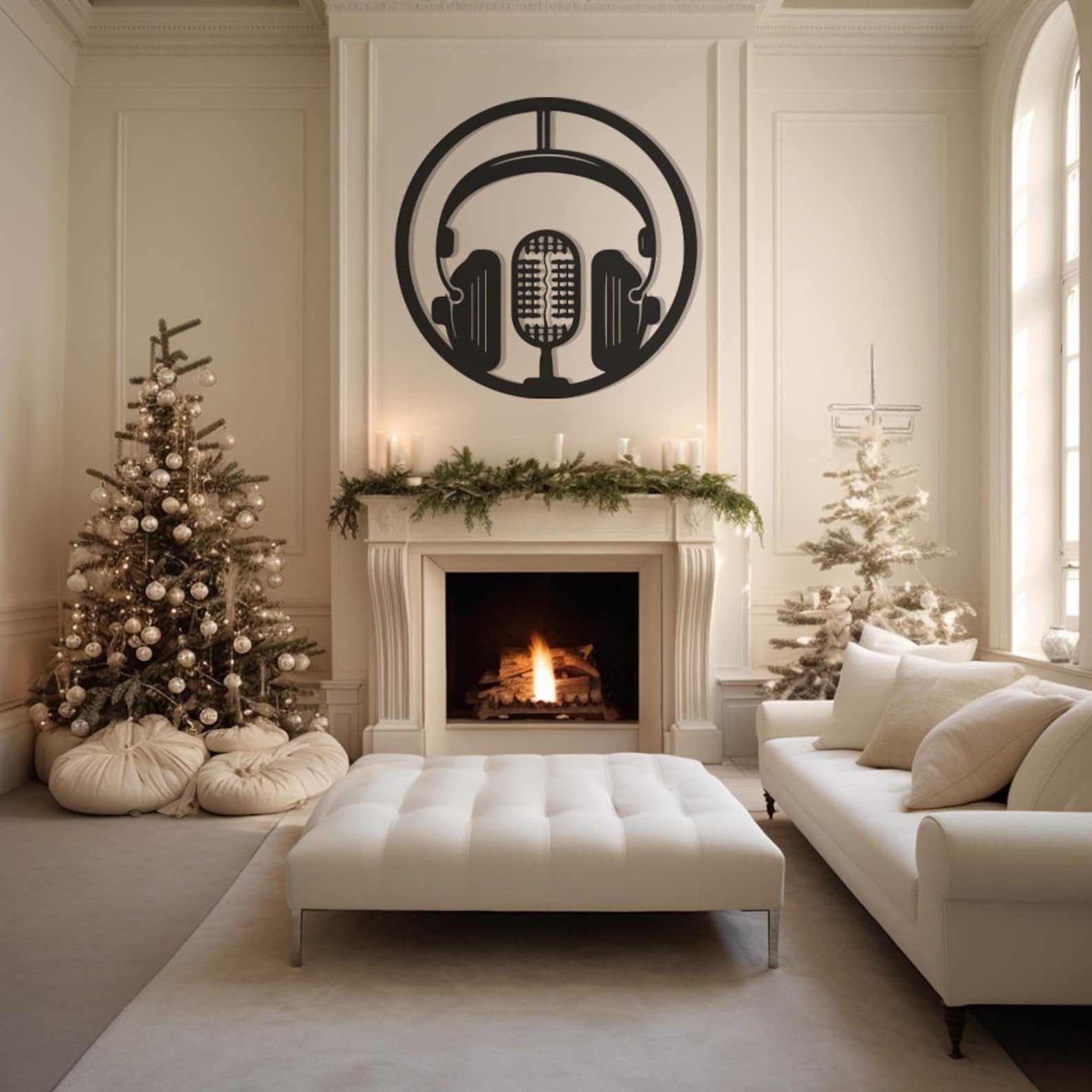 Podcast Microphone Wall Decoration, Earphone Accent, Metal Music Design ...