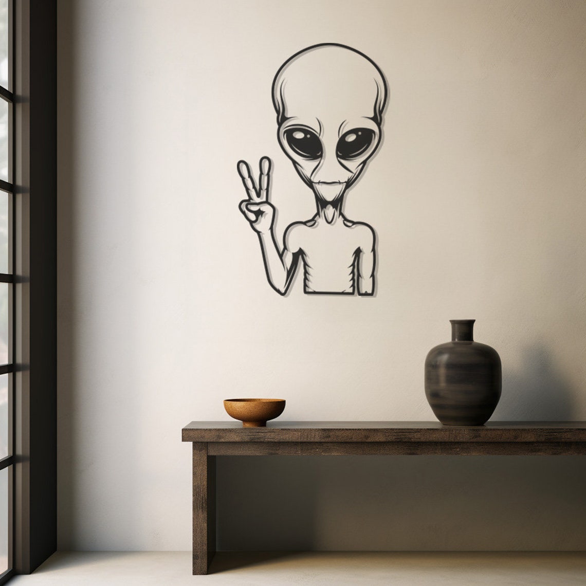 Alien Design Metal Wall Art, Peace Sign Alien Decor, Extraterrestrial ...