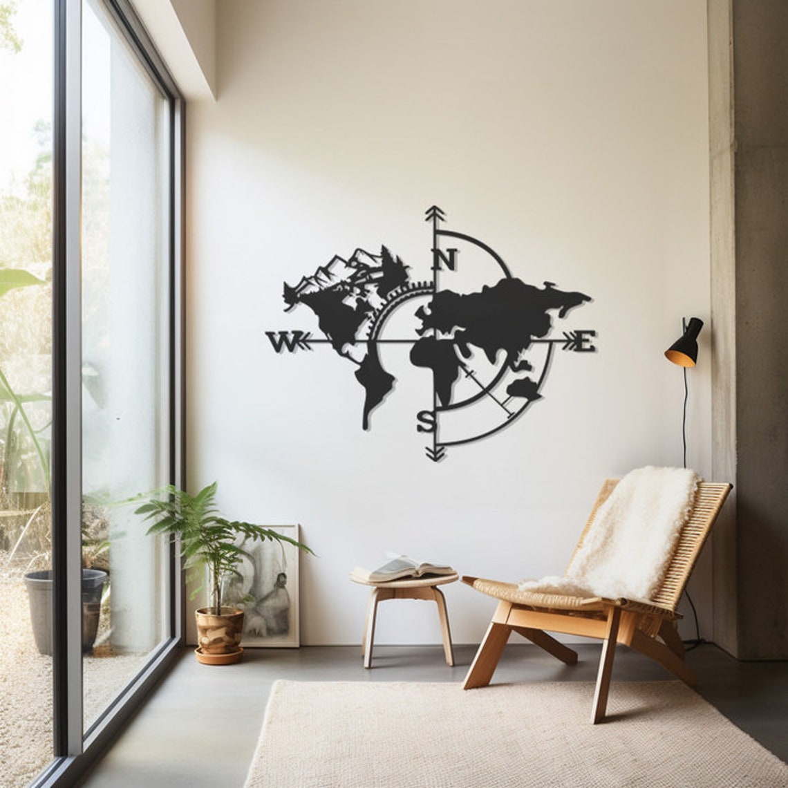 World Map Metal Wall Art With Compass Design, Travel-inspired Decor ...