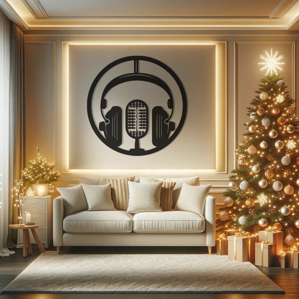 Podcast Microphone Wall Decoration, Earphone Accent, Metal Music Design ...