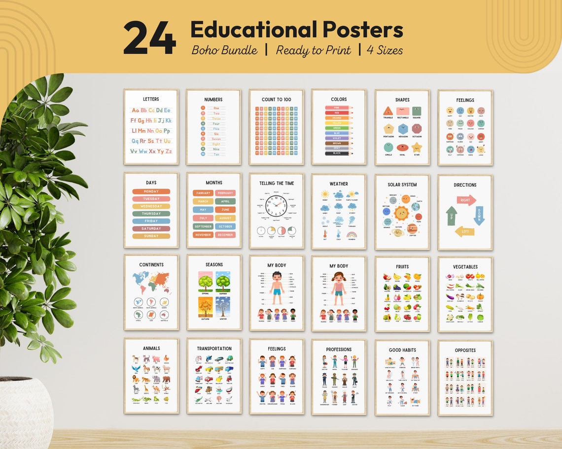 24 Educational Poster Kids Bundle, Digital Learning Charts Homeschool ...