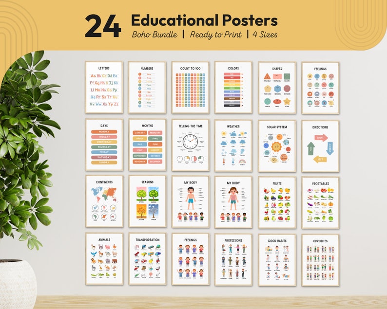 24 Educational Poster Kids Bundle, Digital Learning Charts Homeschool ...