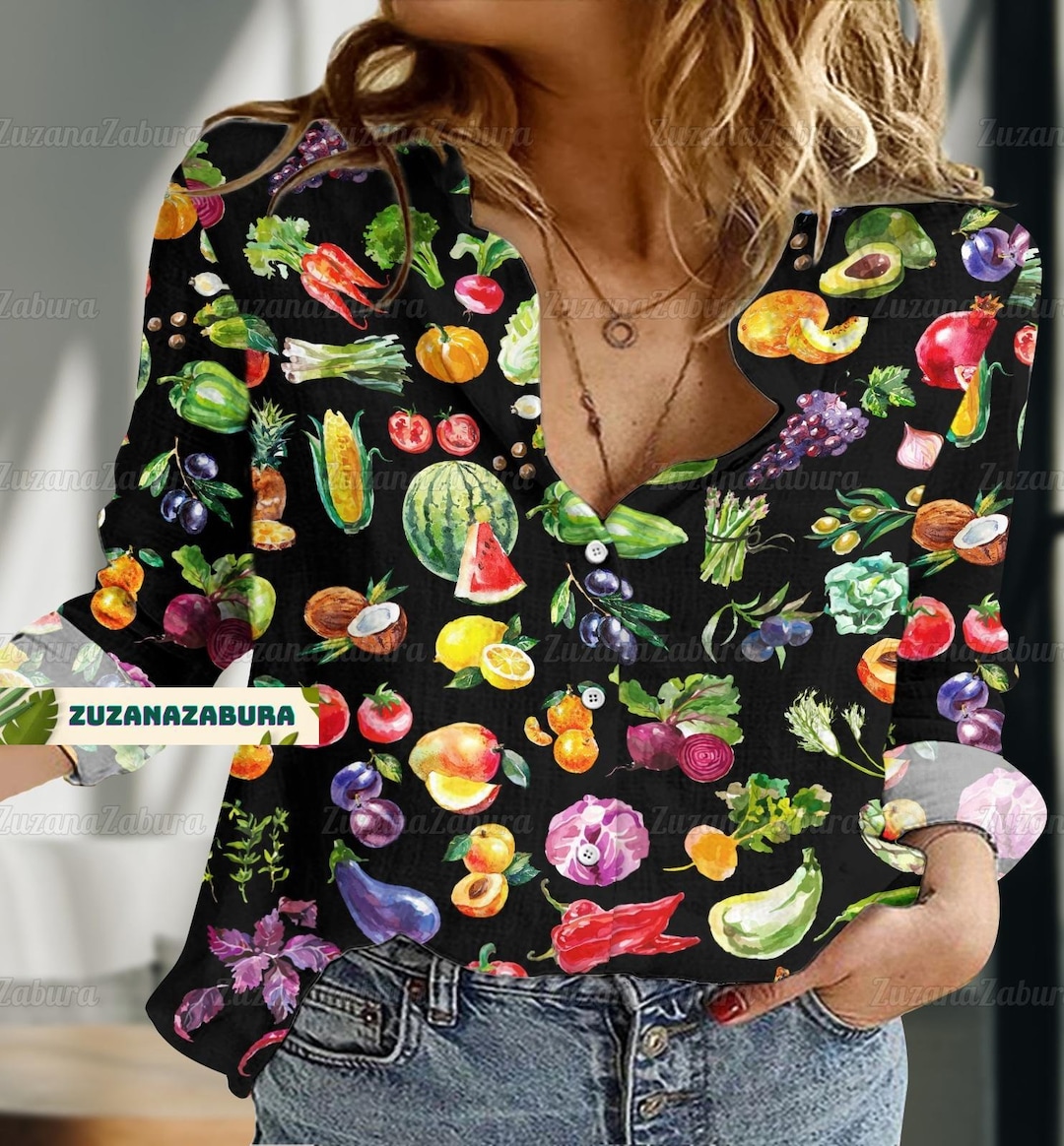 Fruit Veggie Linen Shirt, Vegetable Garden Shirt, Vegetable Shirt Women ...