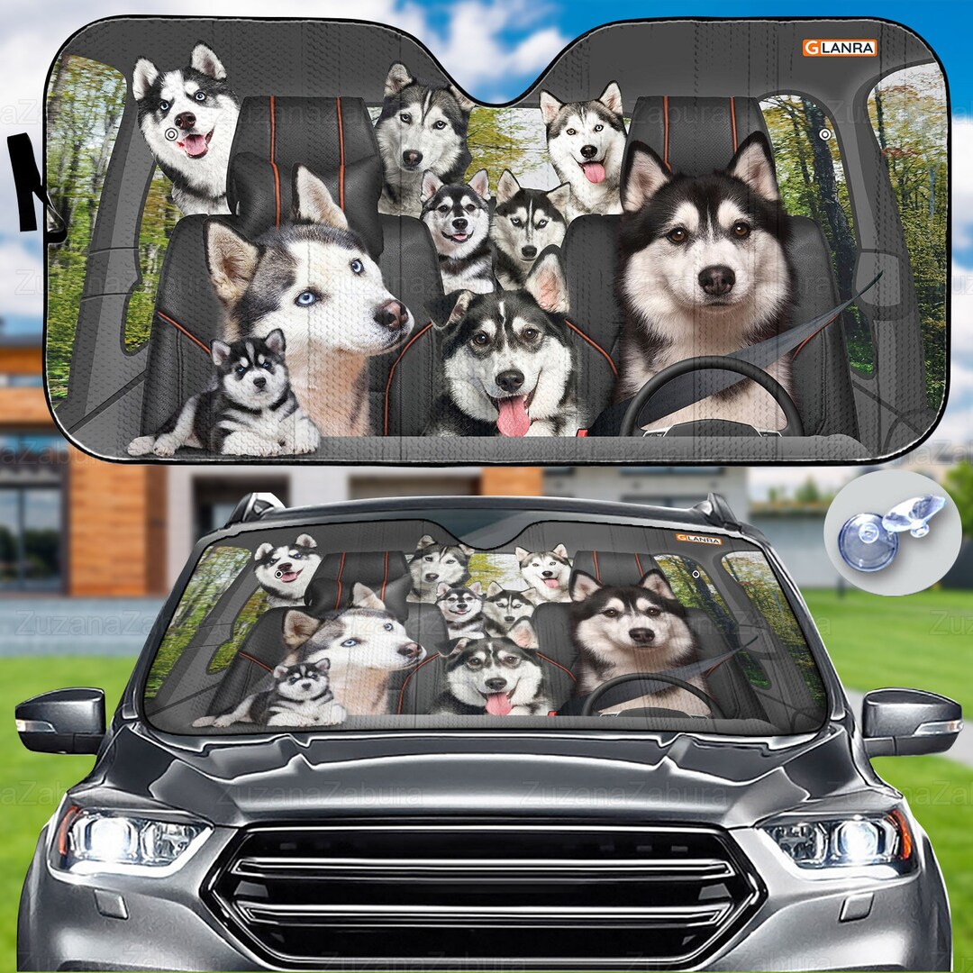 Husky Car Sunshade, Dog Car Decoration, Husky Lover, Auto Sun Shade ...