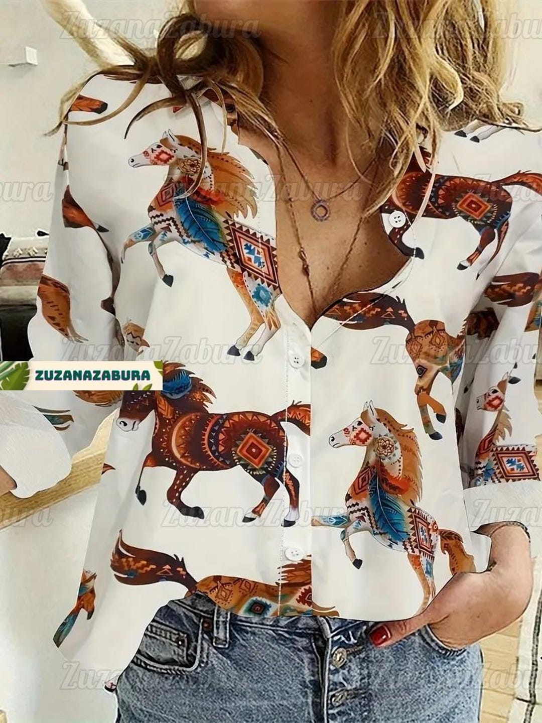 Horse Linen-look Shirt, Horse Blouses Shirt, Equestrian Shirt, Horse Lover Shirt, Horseback ...