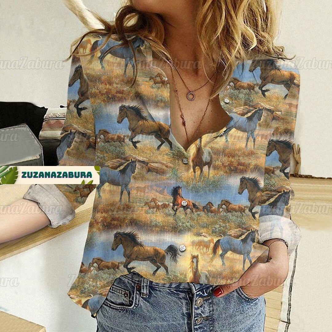 Horses Linen-look Shirt, Horses Shirt, Horse Racing Shirt, Horse Lover Gift, Horse Girl Shirt ...