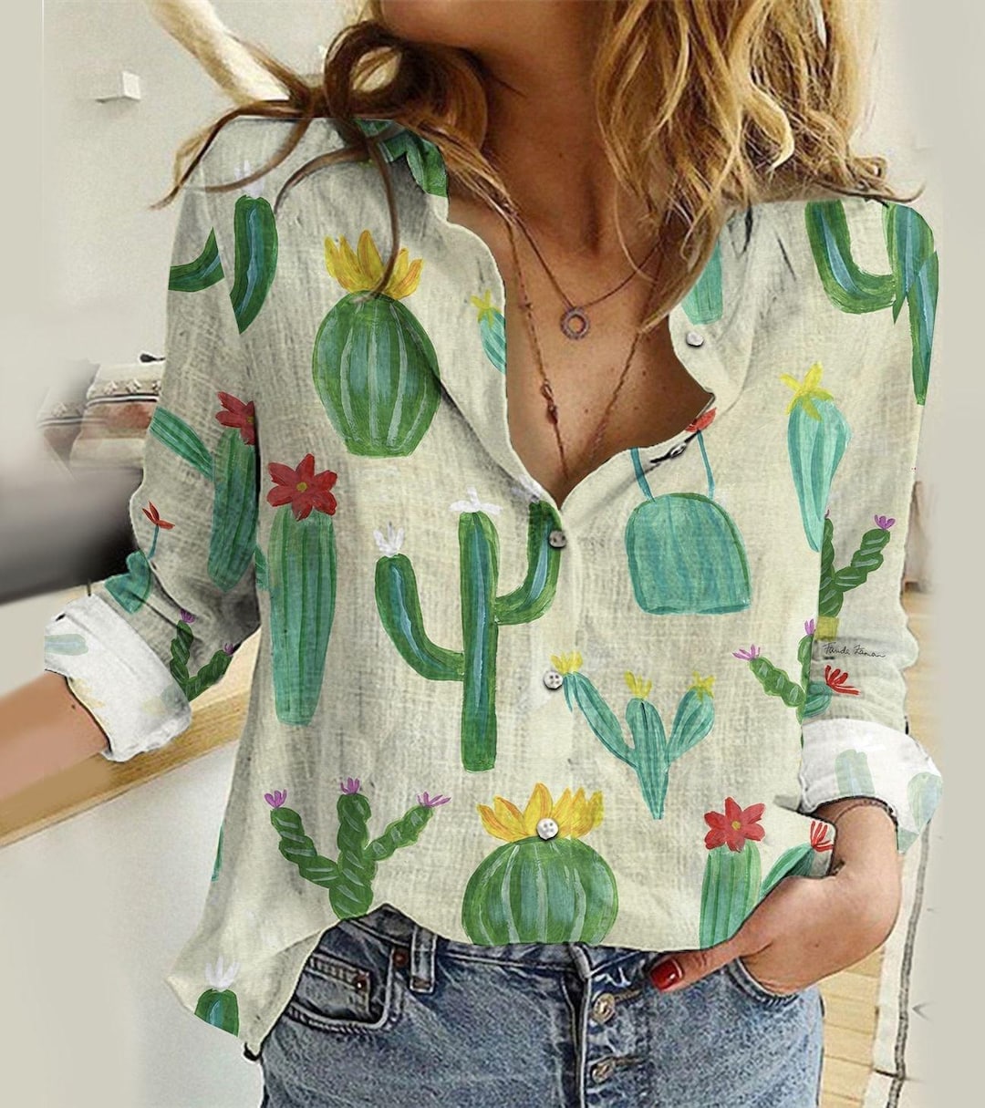 Cactus Linen-look Shirt, Mexico Cactus Shirt Women, Plant Lover Shirt ...
