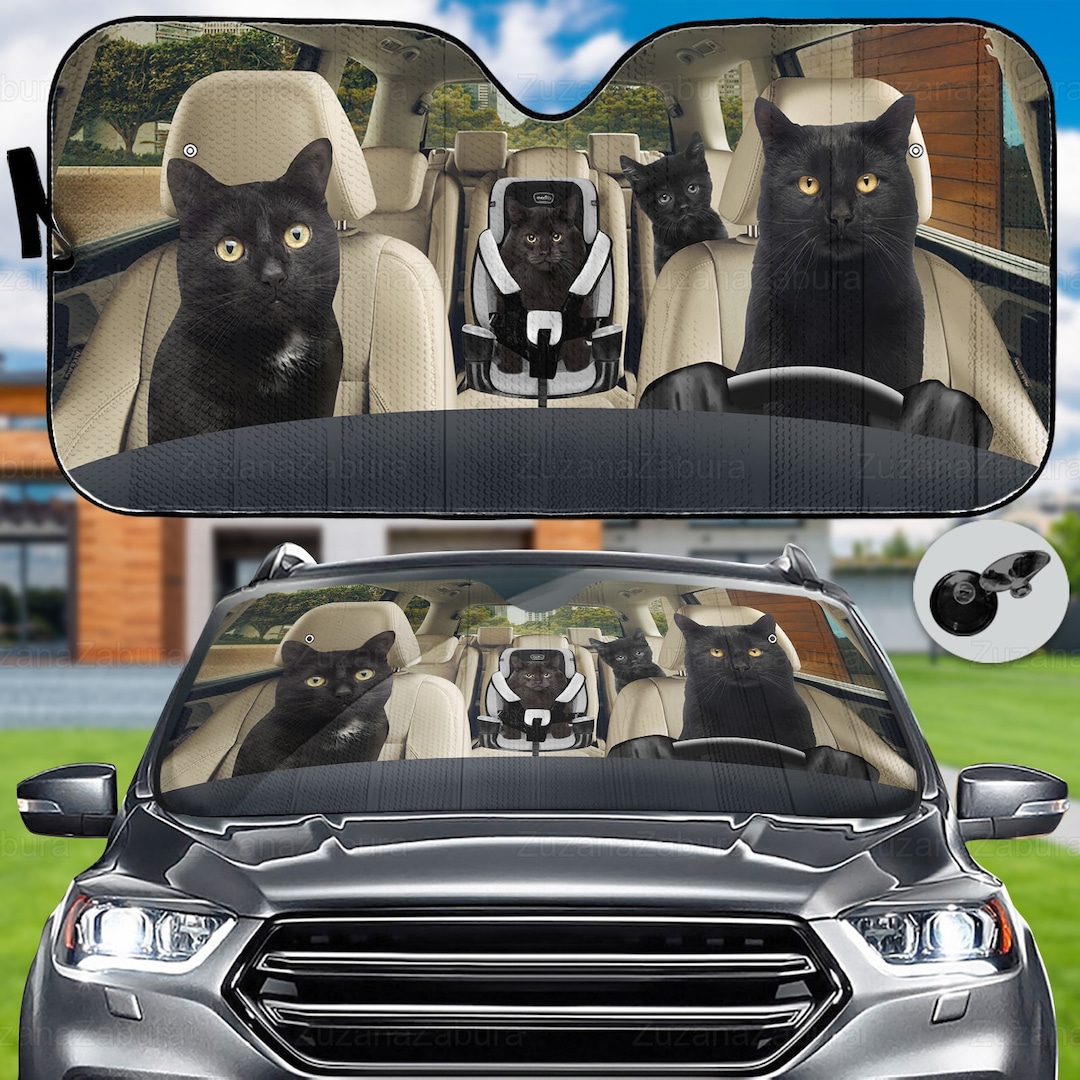 Black Cat Family Car Sun Shade, Black Cat Auto Sun Shade, Funny Cat Car ...