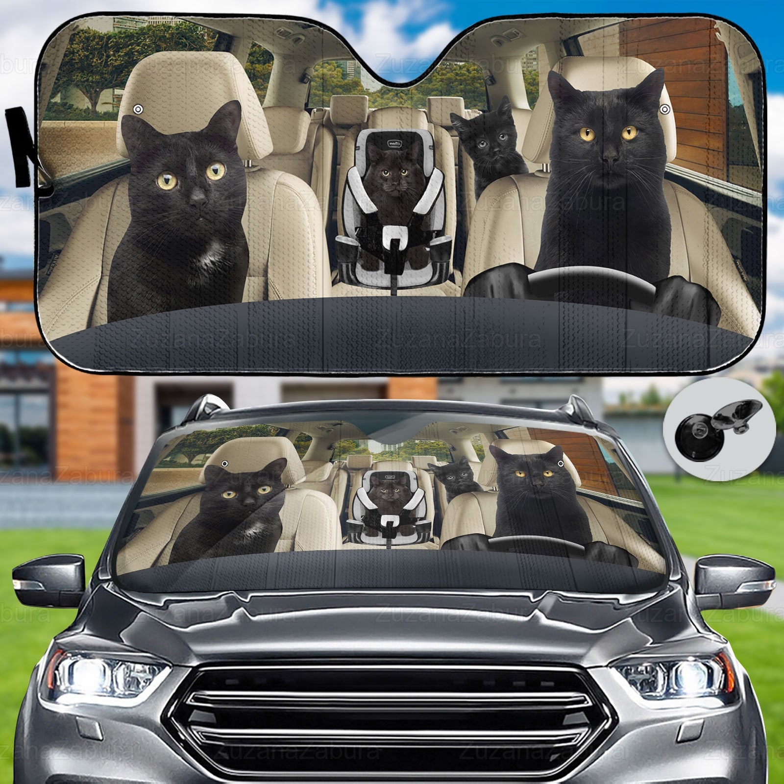 Black Cat Family Car Sun Shade, Black Cat Auto Sun Shade, Funny Cat Car ...