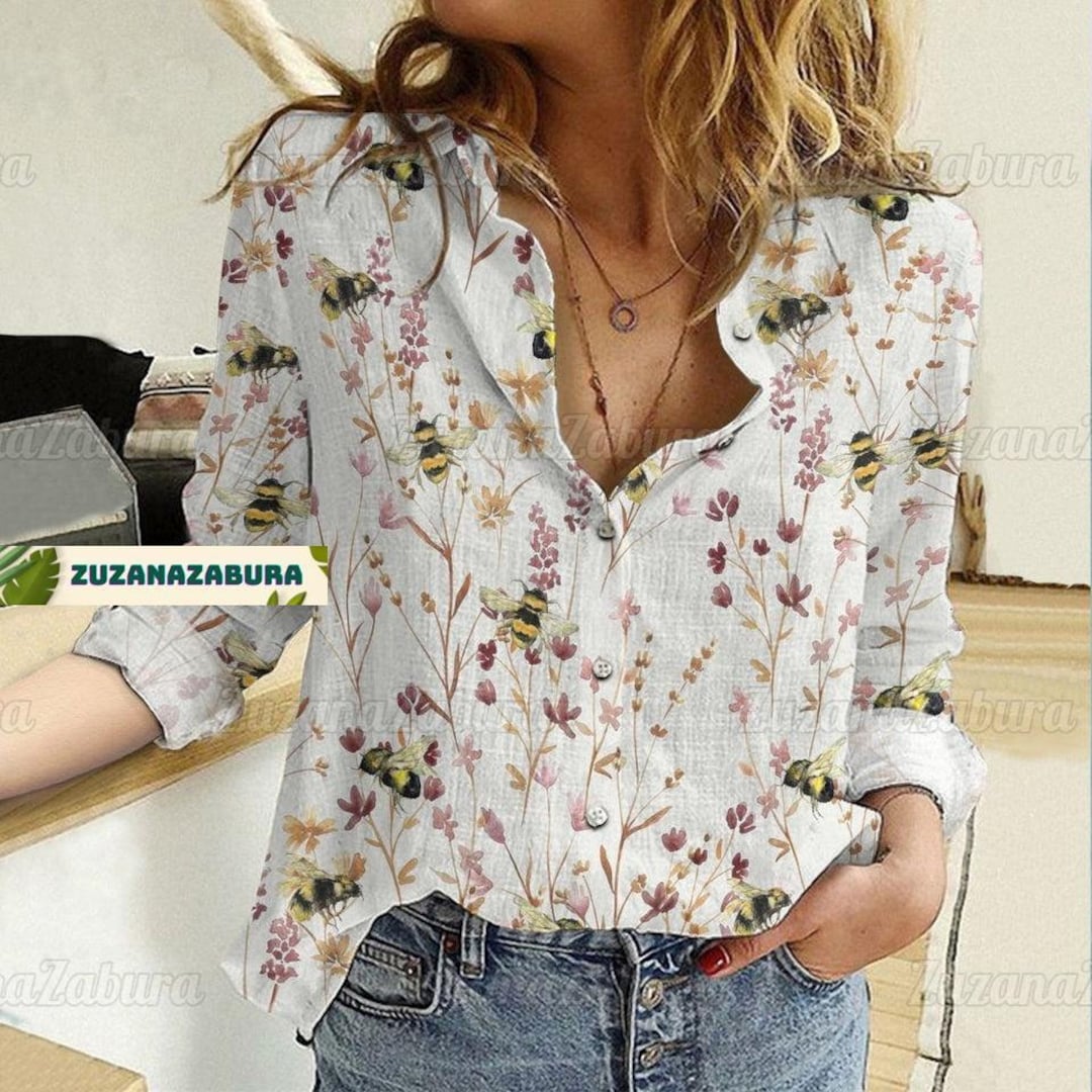 Bee Linen-look Shirt, Bee Shirt, Bee Blouse, Bee Blouse for Women, Bee ...