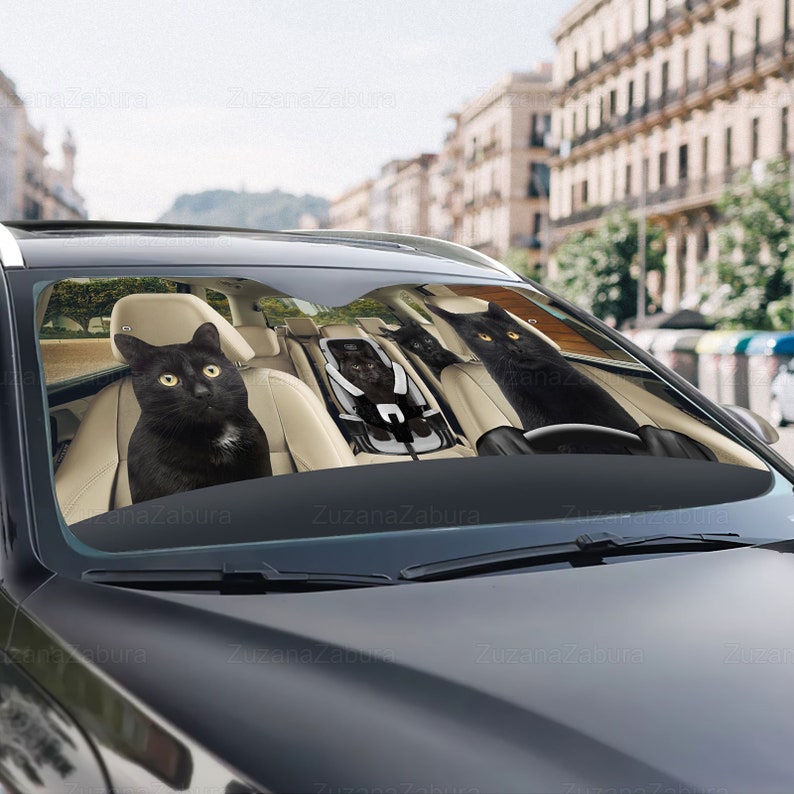 Black Cat Family Car Sun Shade, Black Cat Auto Sun Shade, Funny Cat Car ...