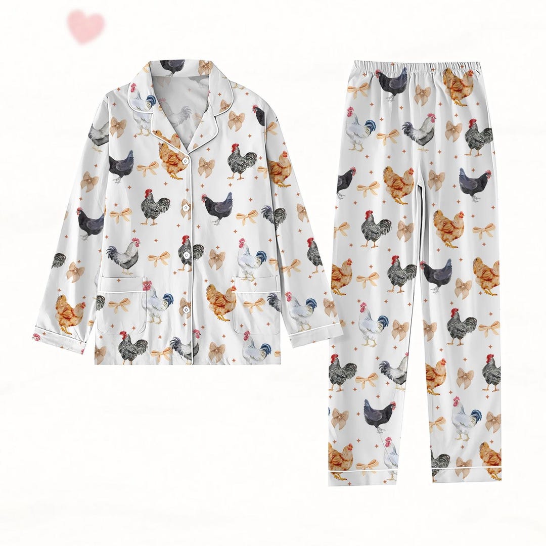 Valentine Chicken Pajamas, Coquette Bows Pajamas Set, Chicken Mama ...