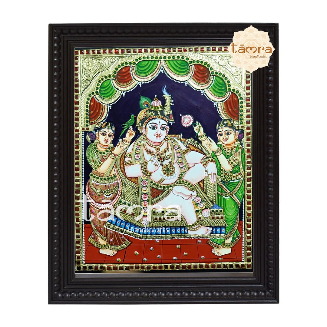 Tanjore Painting - Krishna With Rukmini and Satyabhama, Krishna ...
