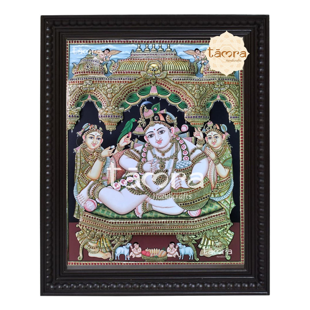 Antique Finish Krishna Painting - Krishna With Rukmini and Satyabhama ...