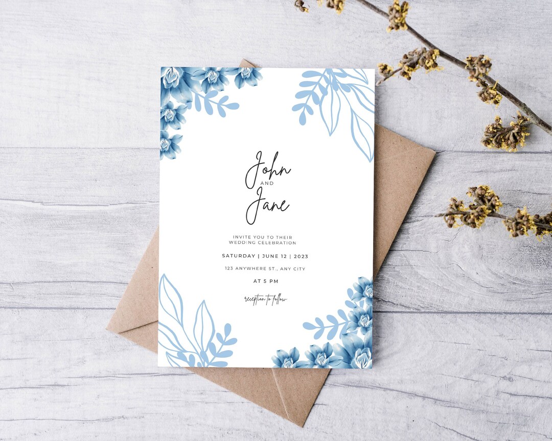 Blue Invitation Card for Party, Blue Floral, Editable Digital ...