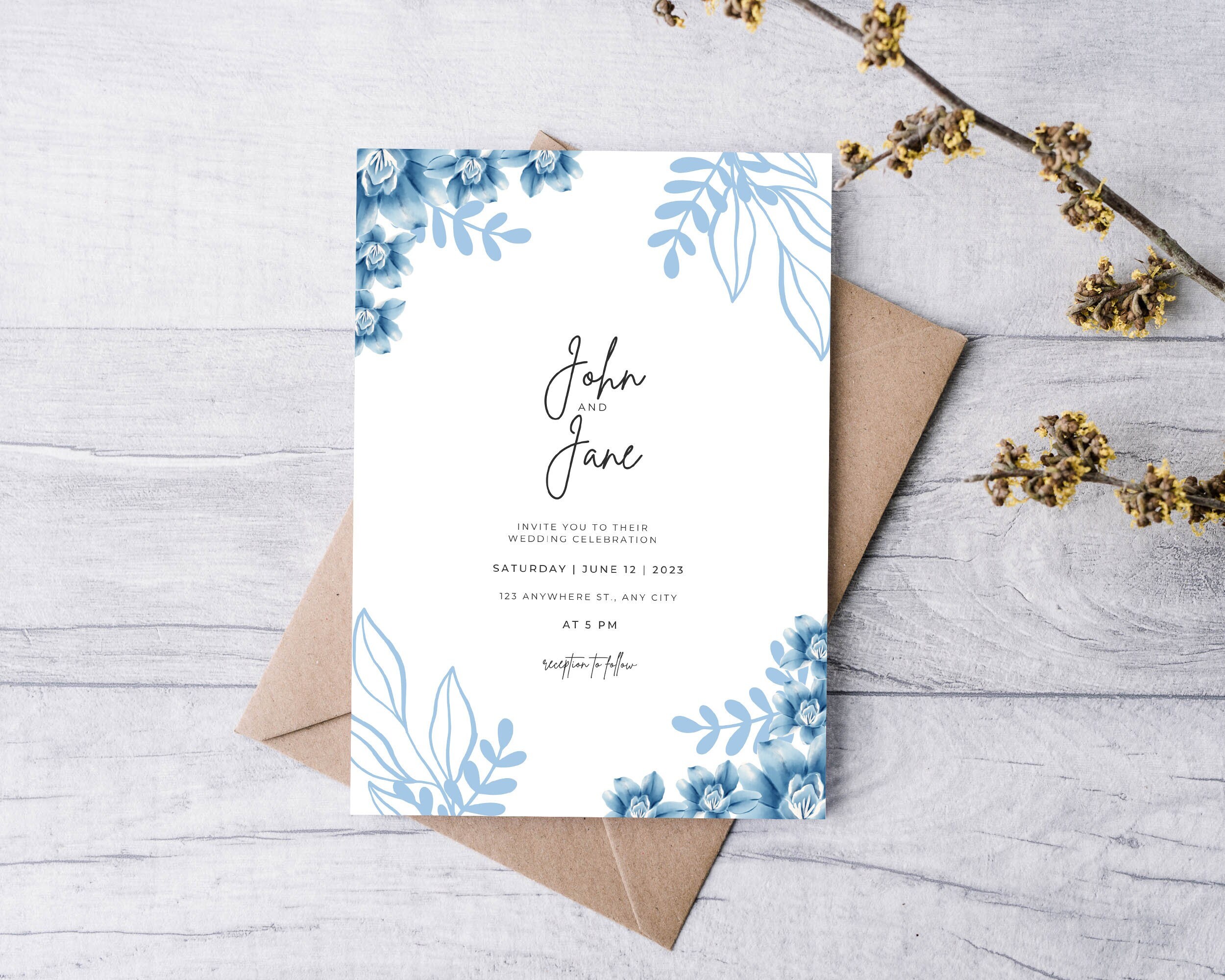Blue Invitation Card for Party Blue Floral Editable Digital - Etsy