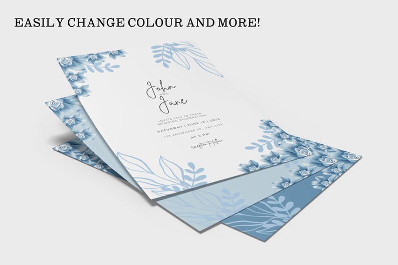 Blue Invitation Card for Party, Blue Floral, Editable Digital ...