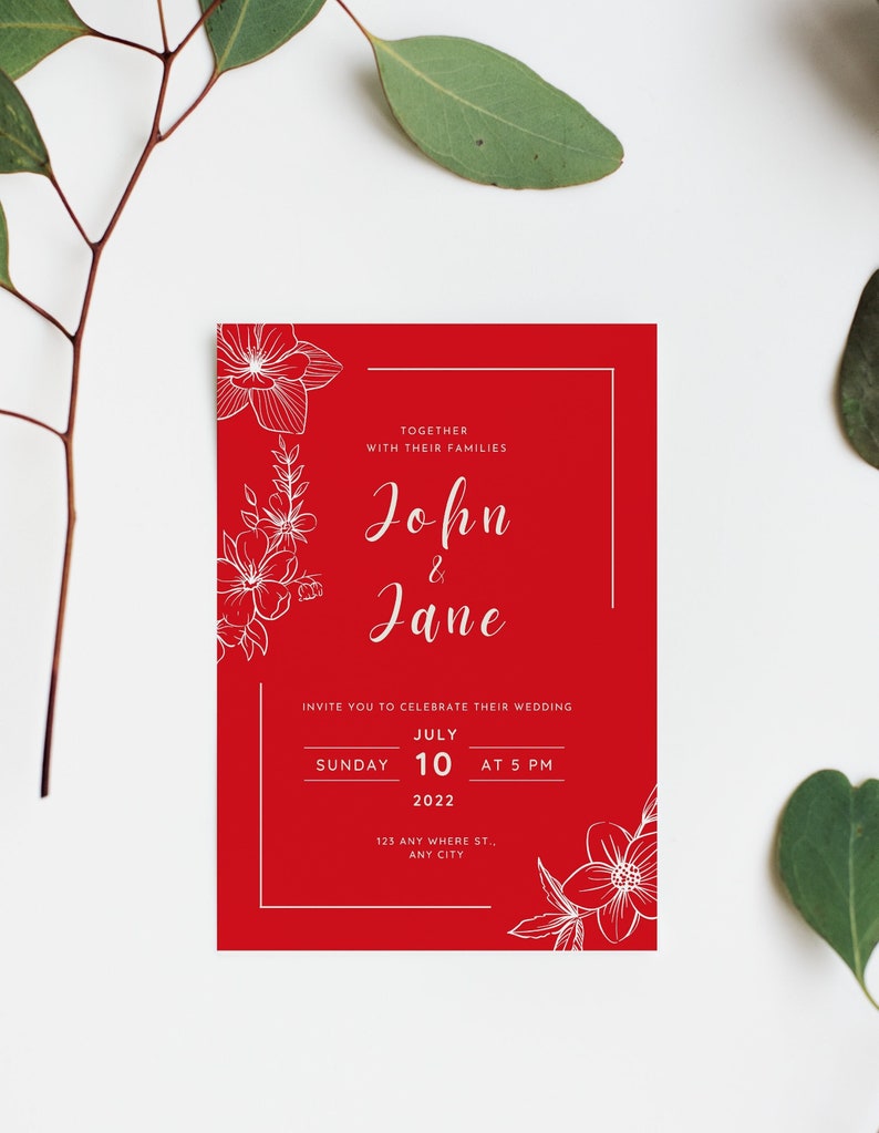 Simple Red Party Invitation, Editable Digital Invitation, White Flowers ...