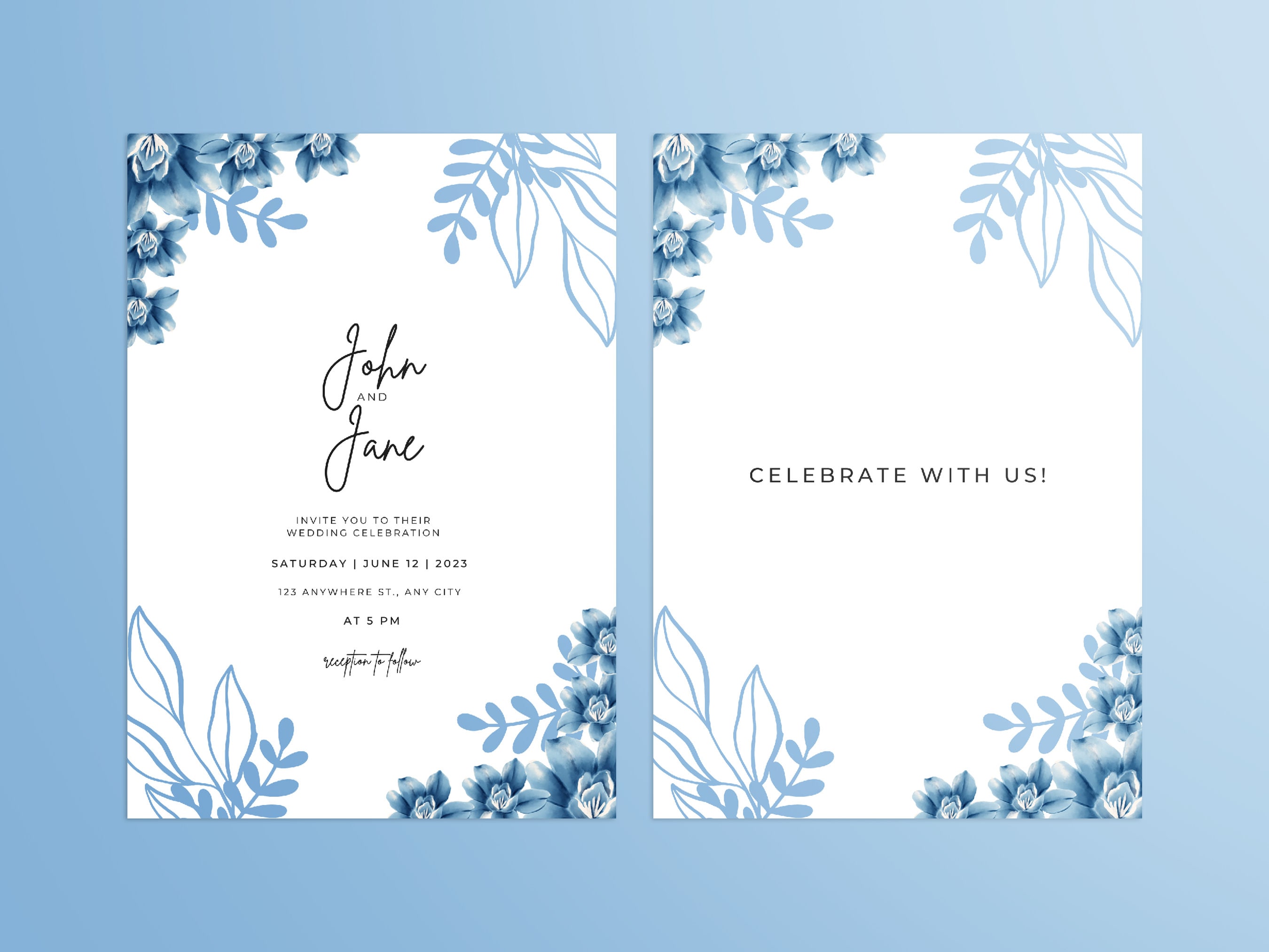 Blue Invitation Card for Party, Blue Floral, Editable Digital ...
