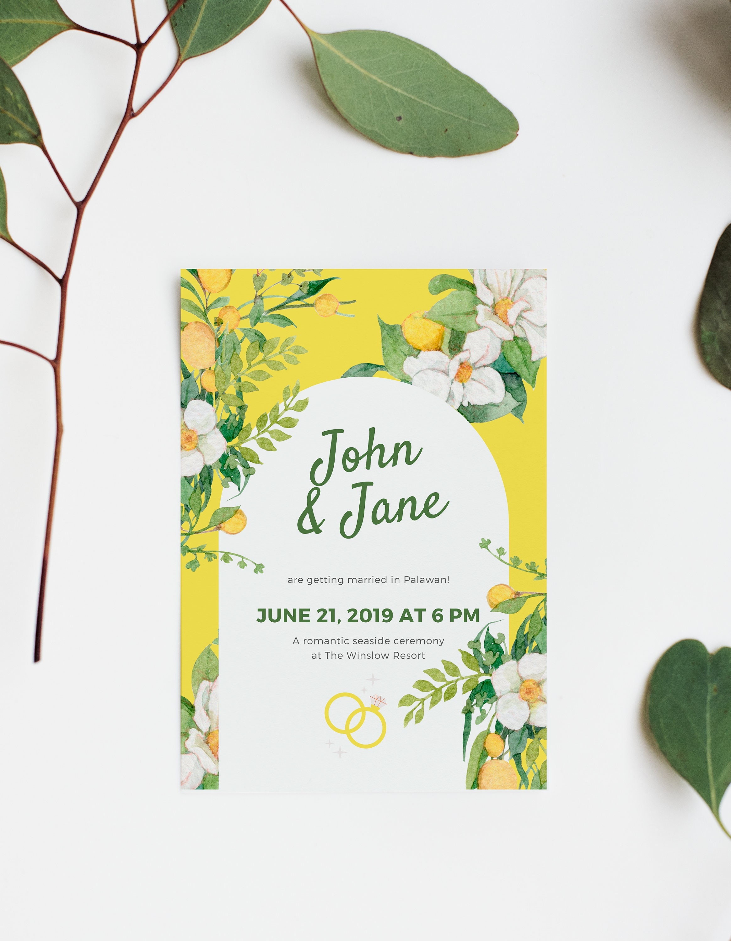 Yellow Floral Invitation Card for Party, White Flower, Editable Digital ...