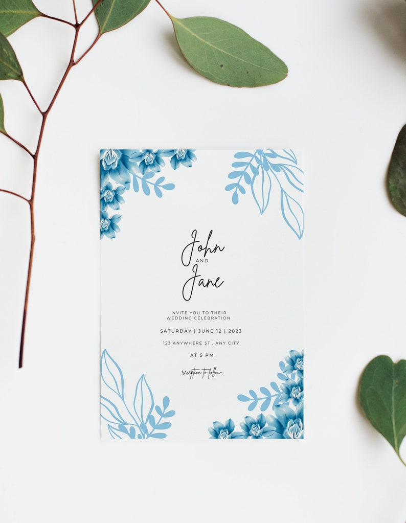 Blue Invitation Card for Party, Blue Floral, Editable Digital ...