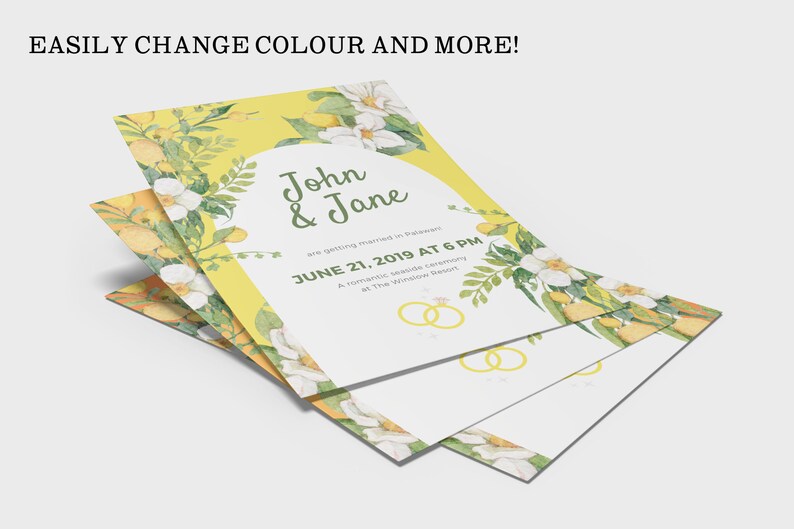 Yellow Floral Invitation Card for Party, White Flower, Editable Digital ...