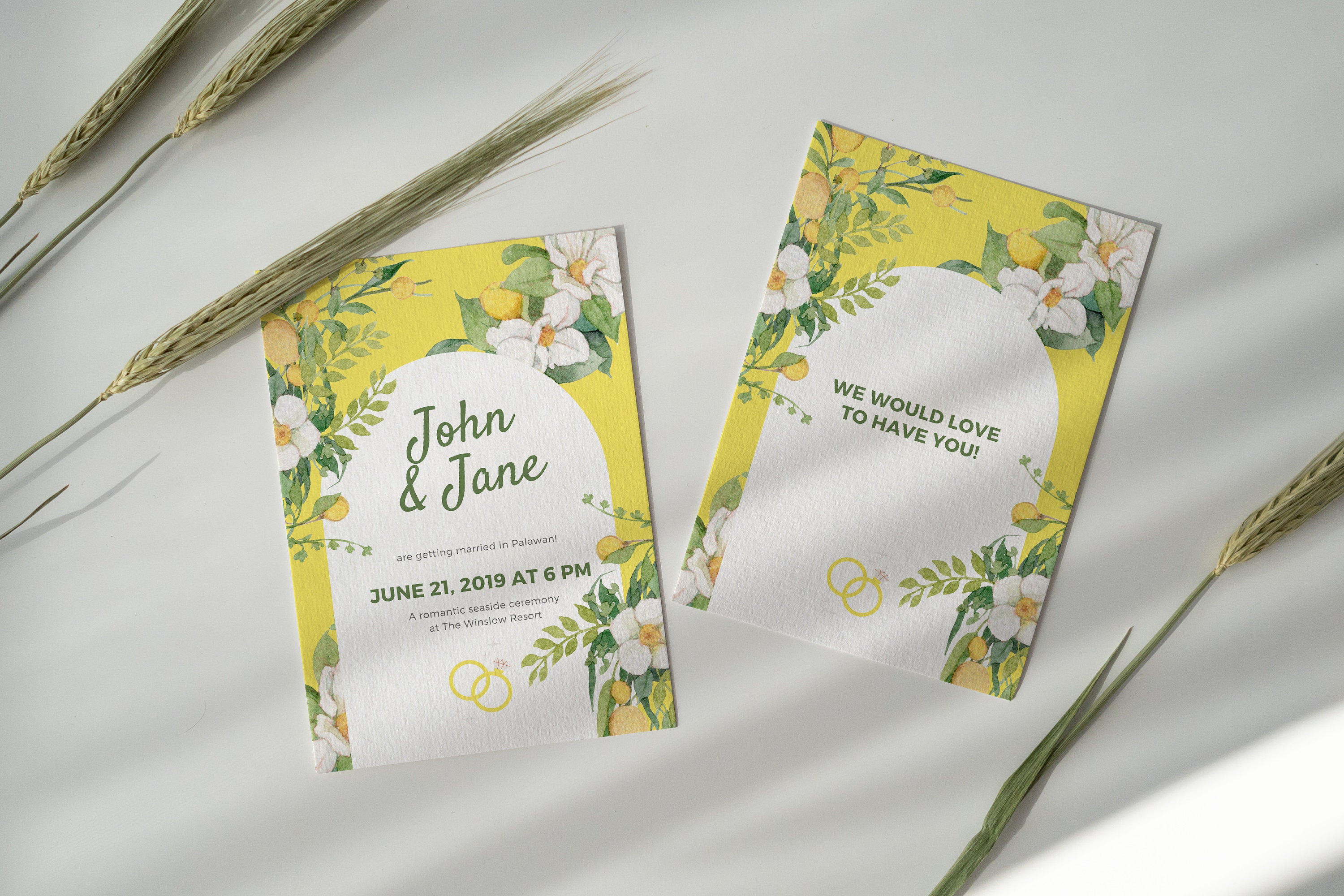 Yellow Floral Invitation Card for Party, White Flower, Editable Digital ...