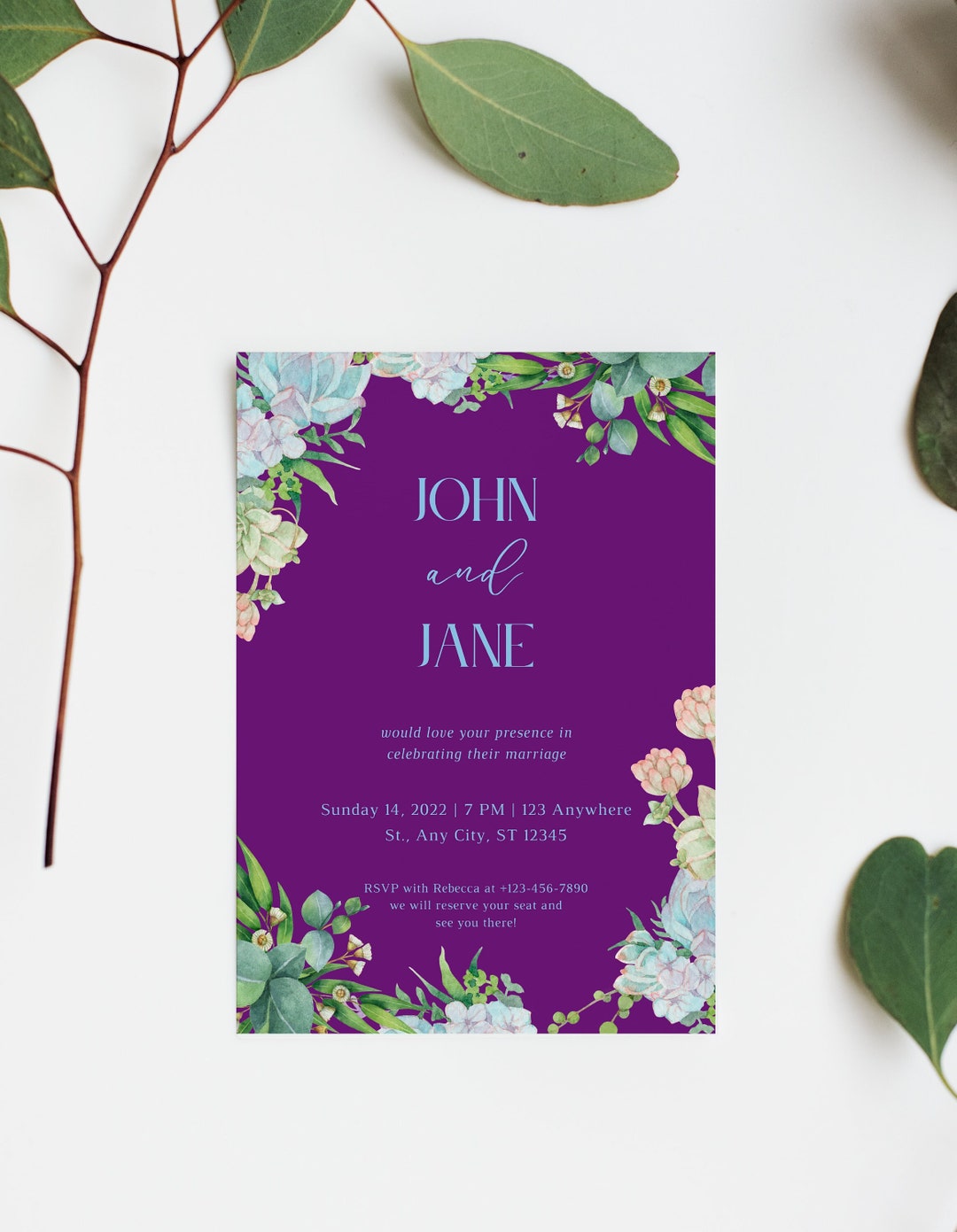 Purple Invitation Card for Wedding, Purple Floral, Editable Digital ...