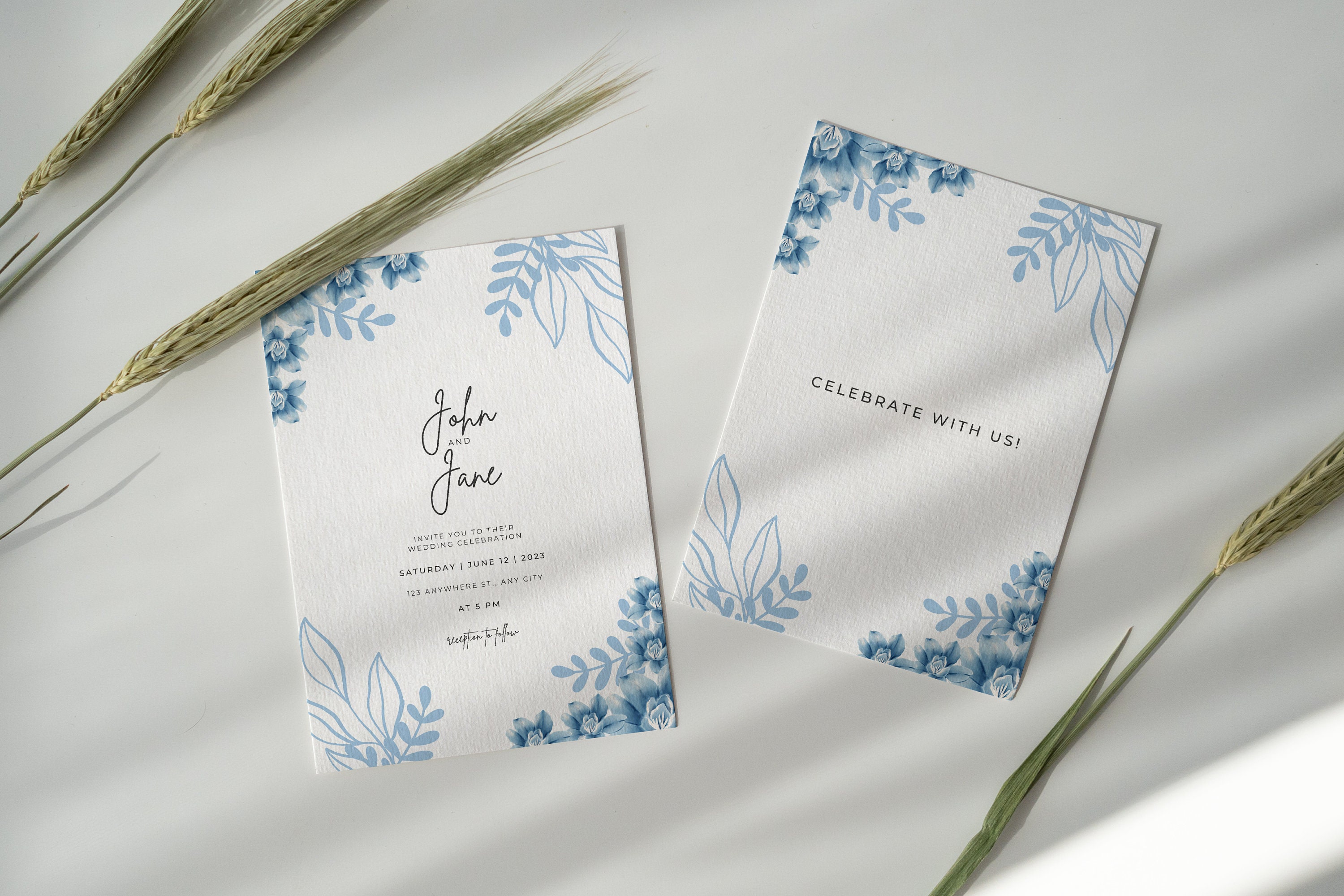 Blue Invitation Card for Party, Blue Floral, Editable Digital ...