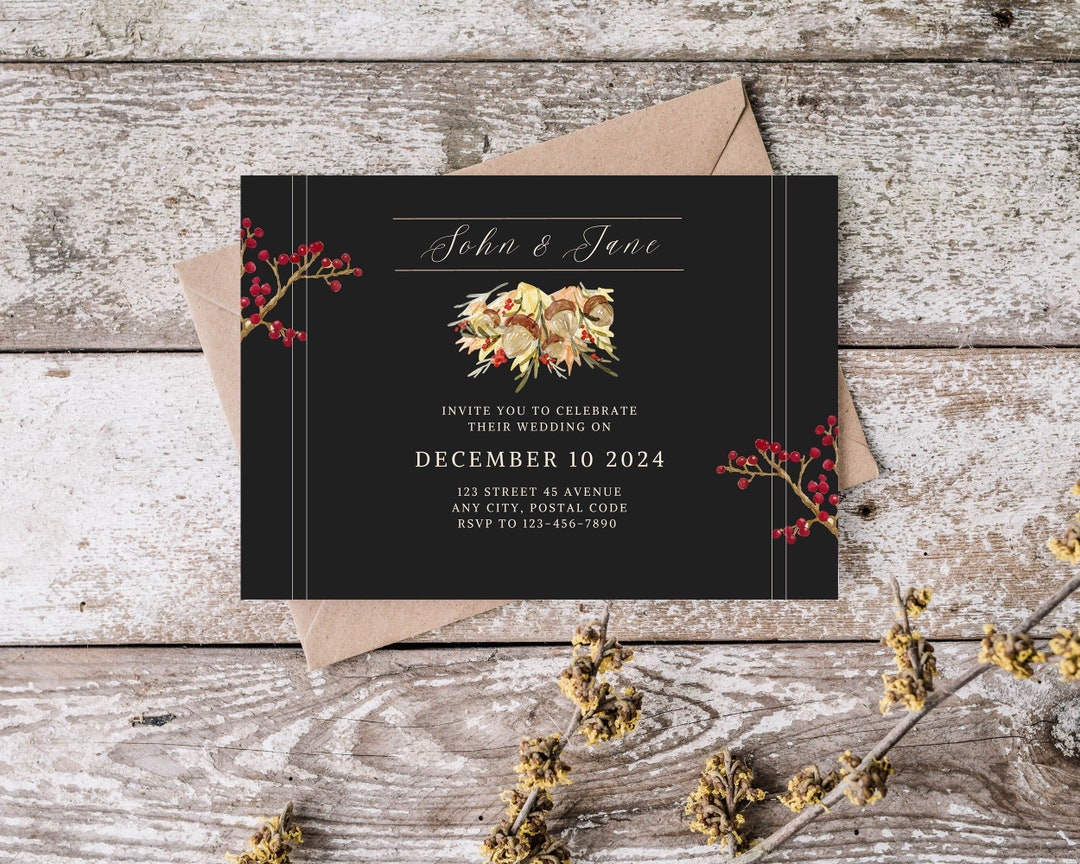 Black Invitation Card, Cozy Invitation, Canva Template, Editable ...