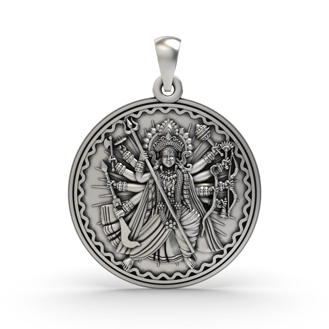 Durga Maa Coin Pendant 925 Sterling Silver Round Temple Necklace ...