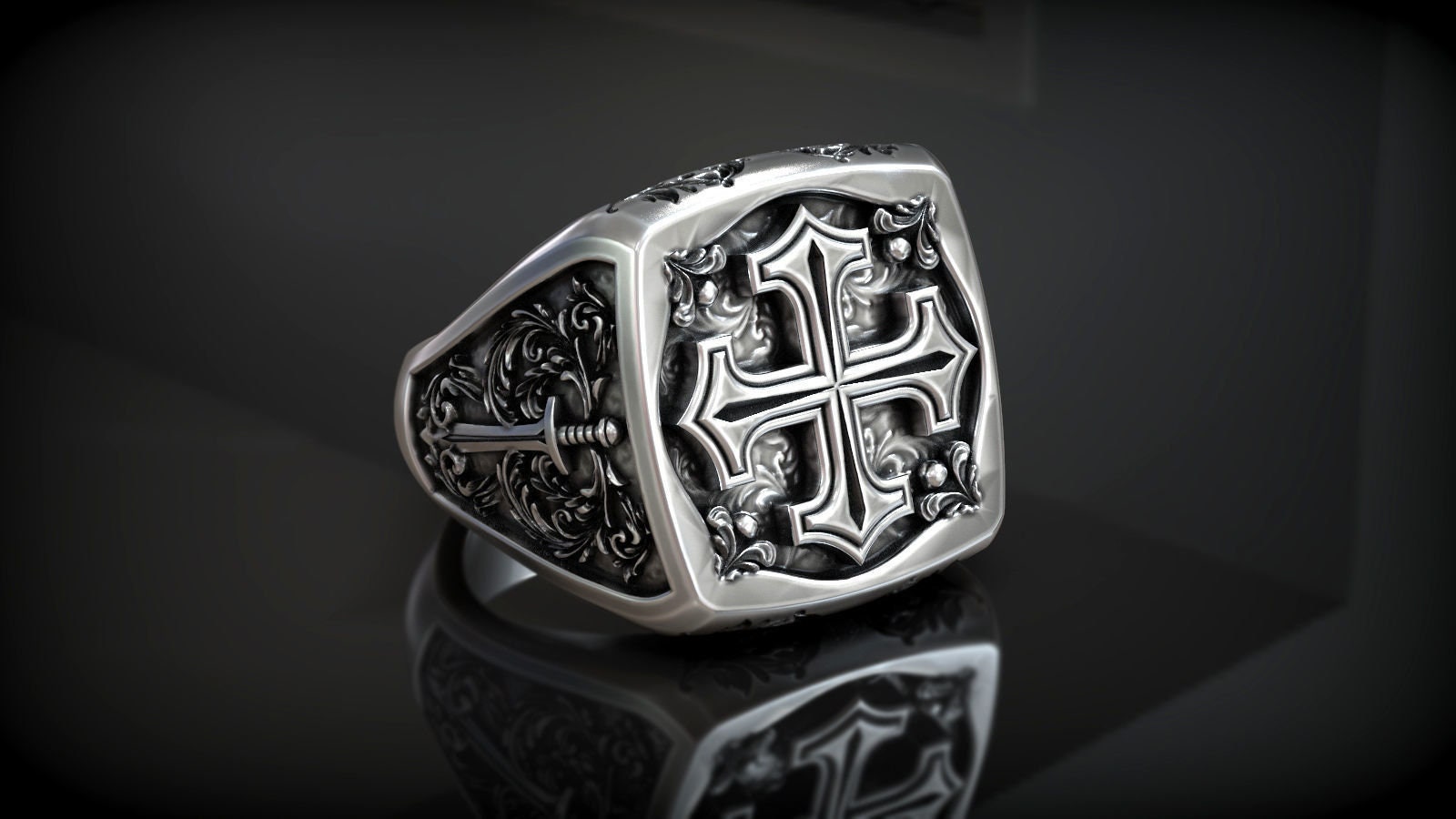 Heraldic Cross Crosslet Sword Signet Ring Sterling Silver 925 Men's ...
