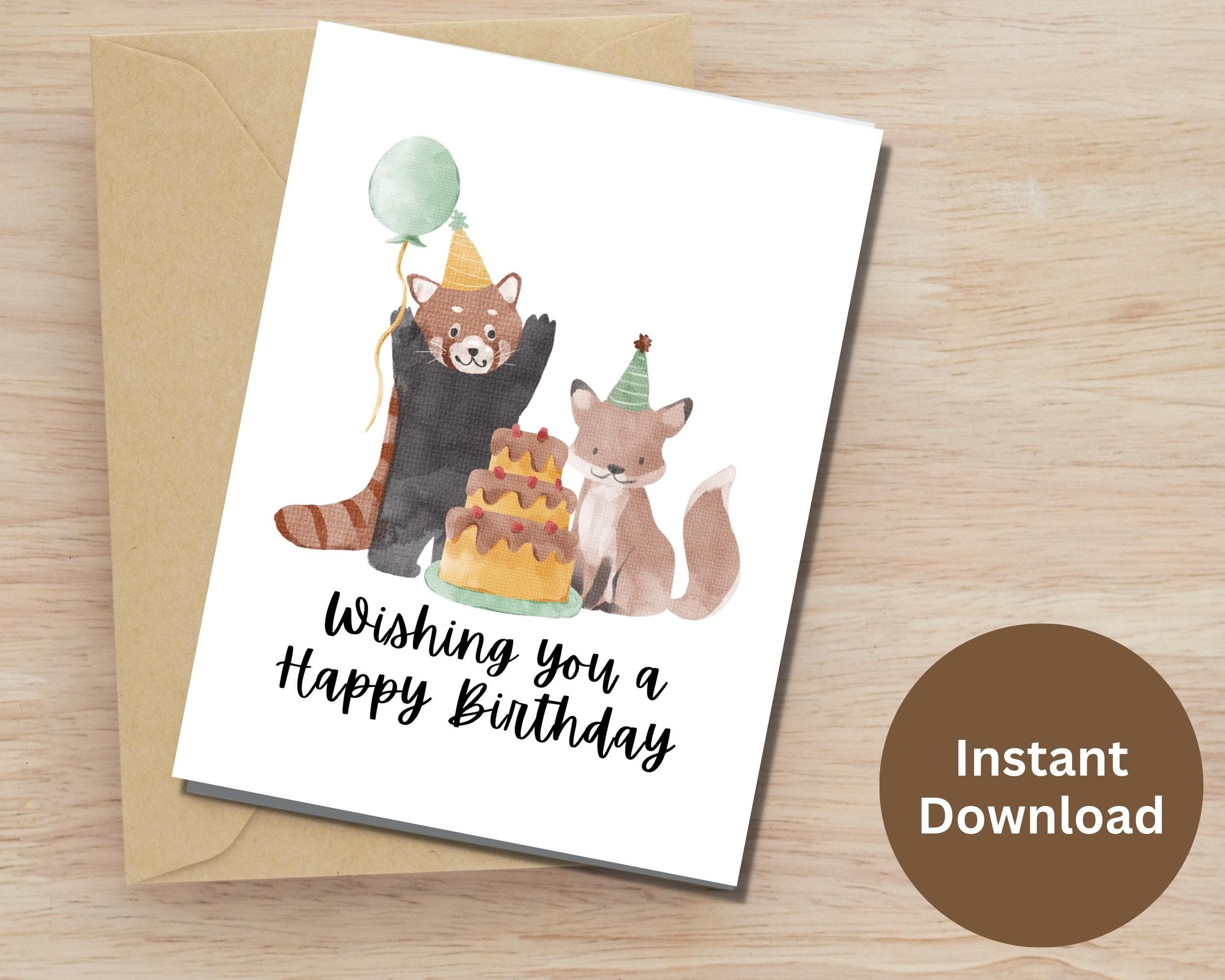 Watercolor Cute Animal Birthday Card Printable Happy Birthday Gift for ...