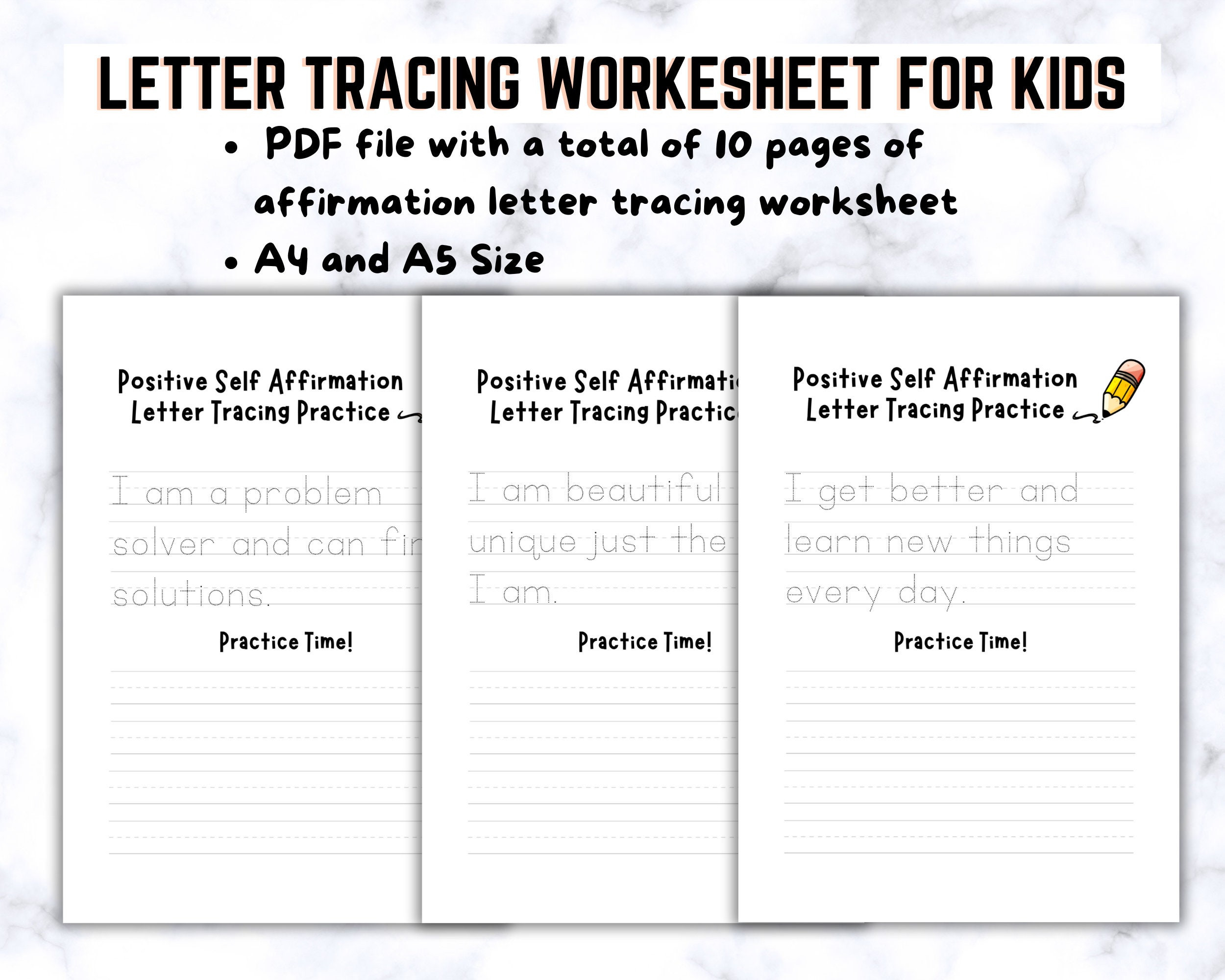 Positive Self Affirmation Letter Tracing Worksheets Printable for Kids ...