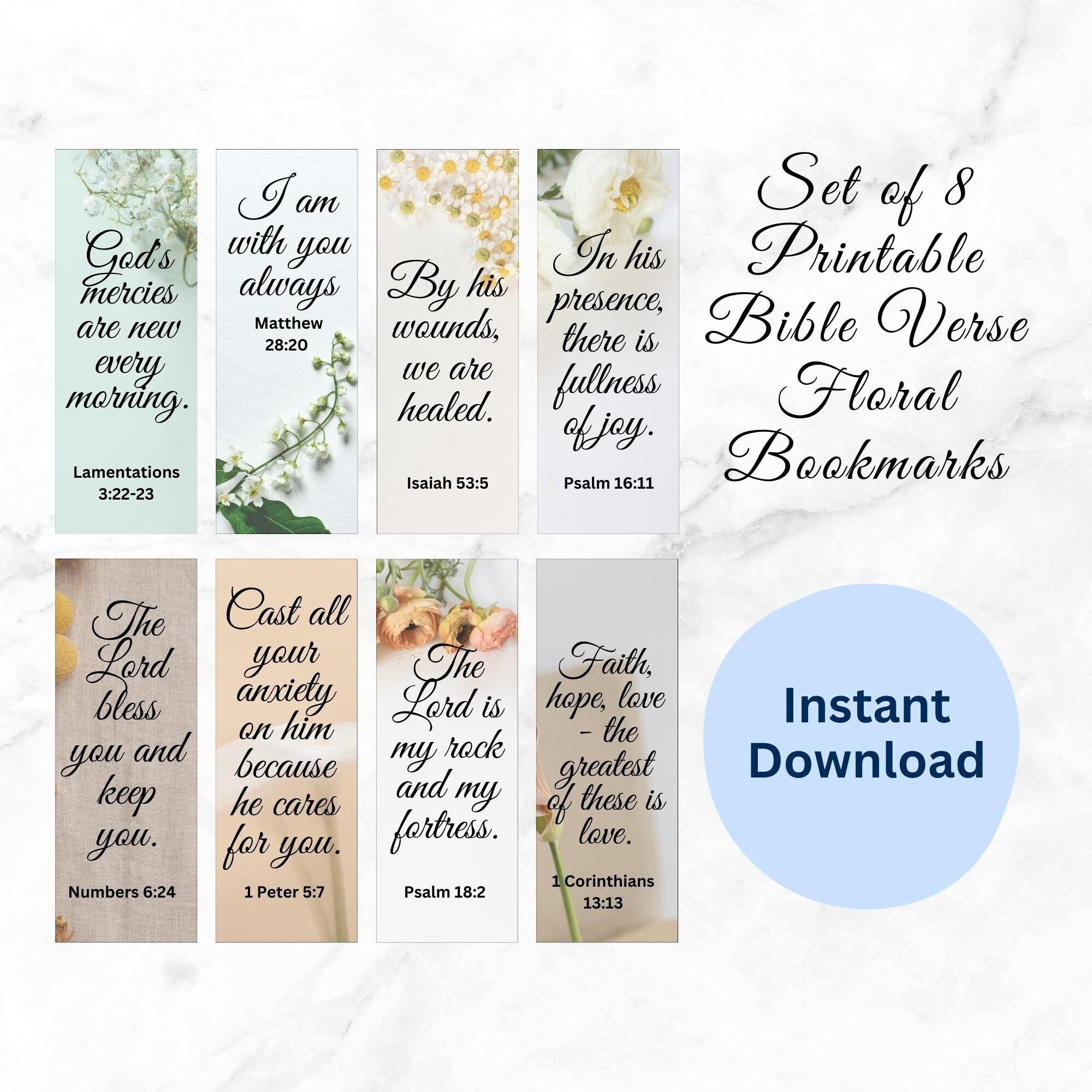 Bible Verse Floral Printable Bookmarks Set Book Lover Gift Set of 8 ...