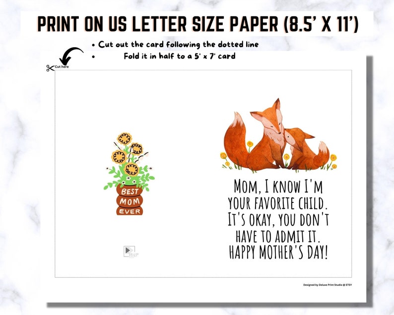 Mother's Day Card Printable Funny Mom Gift Cute Watercolor Fox Birthday ...