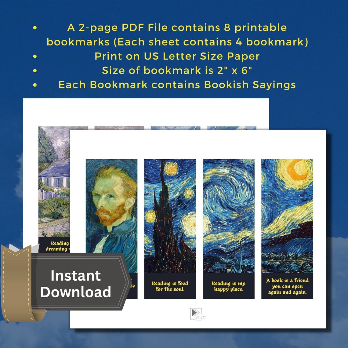 Van Gogh Art Printable Bookmarks Set Book Lover Gift Bookish Sayings ...