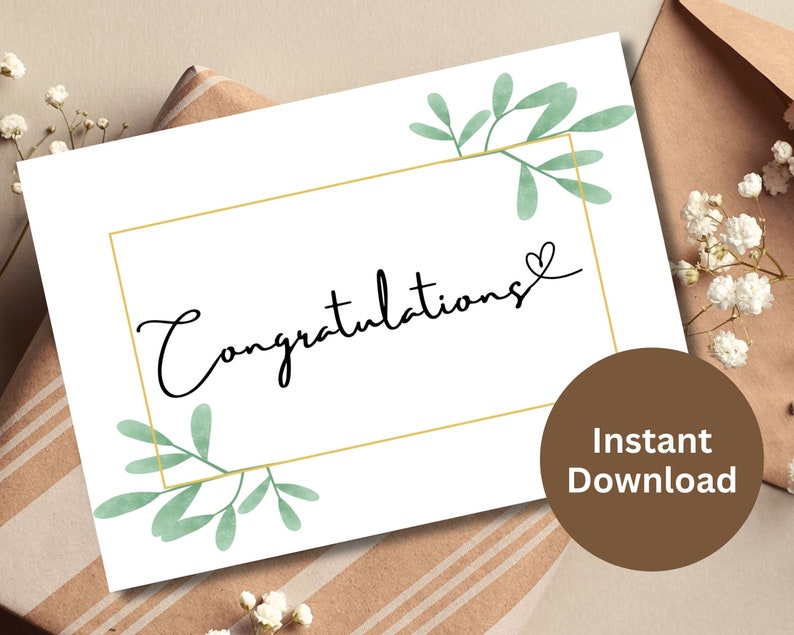 Congratulations Card Printable Simple Elegant Leaves Congrats - Etsy