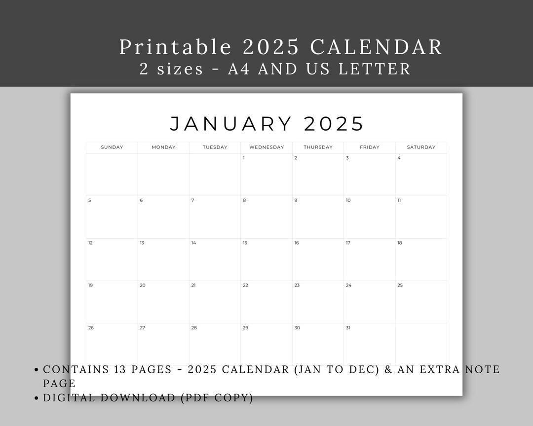 2025 Minimalist Calendar Printable: Monthly Planner, Sunday Start (PDF ...