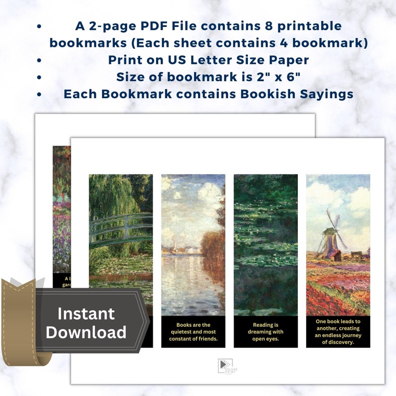 Claude Monet Art Printable Bookmarks Set Book Lover Gift Bookish ...