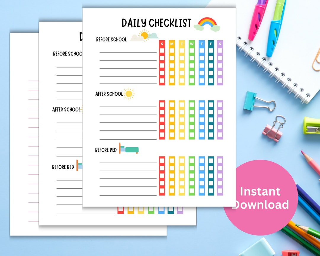 Kids Daily School Checklist Printable Kids Chore Charts Schedule ...