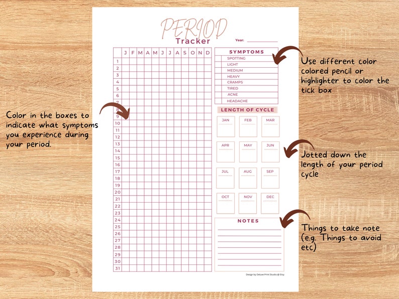 Period Tracker Printable, A4, A5, US Letter, Menstrual Cycle and Symptoms Tracking, Fertility ...