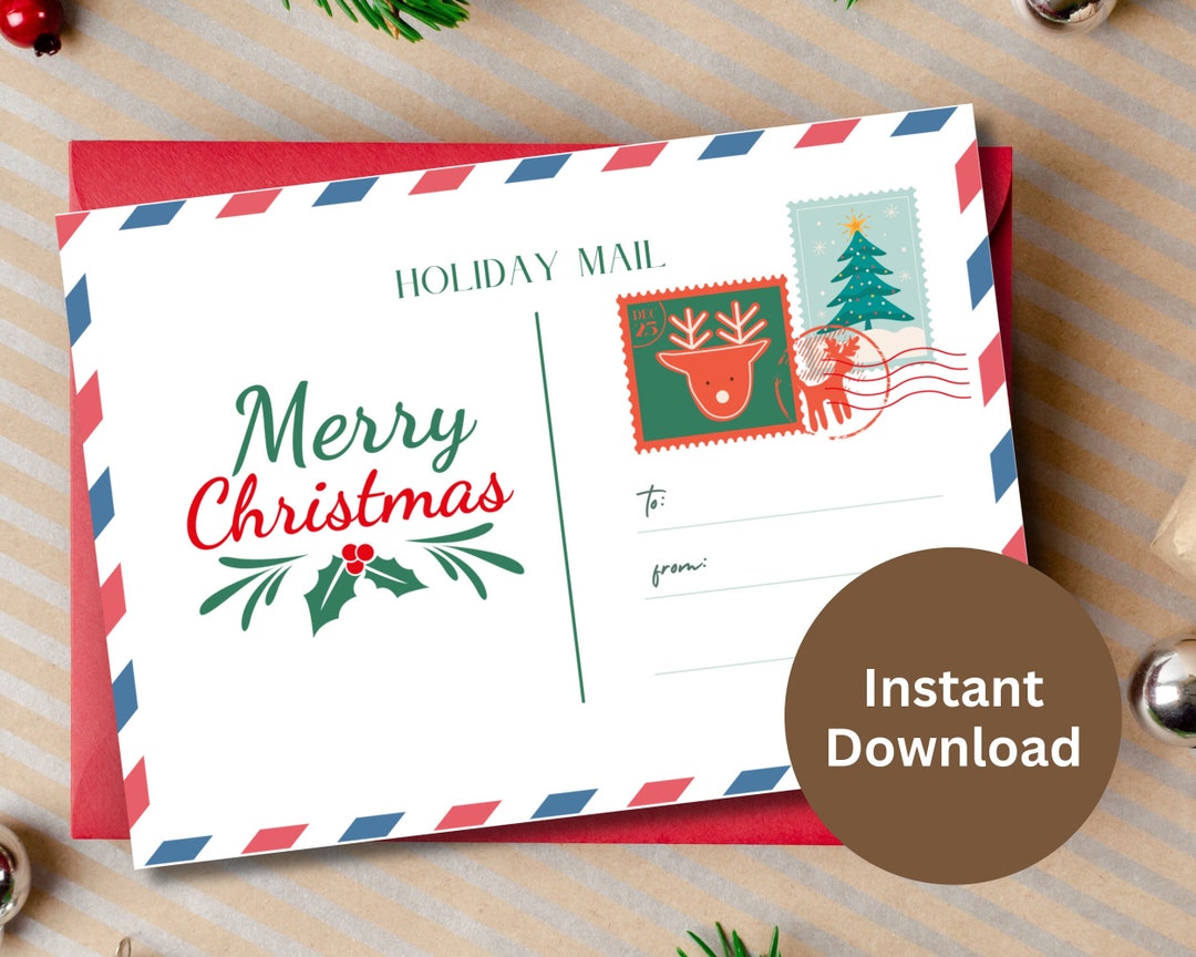 Merry Christmas Card Printable With Postcard Design Holiday Mail ...