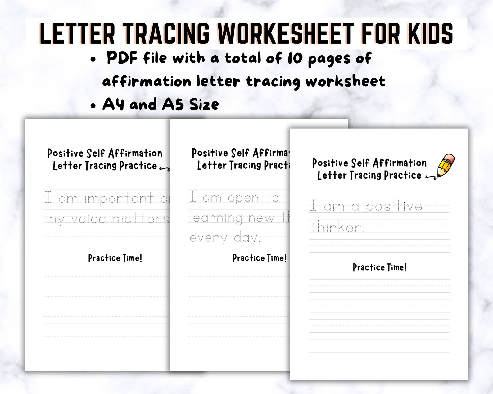 Positive Self Affirmation Letter Tracing Worksheets Printable for Kids ...