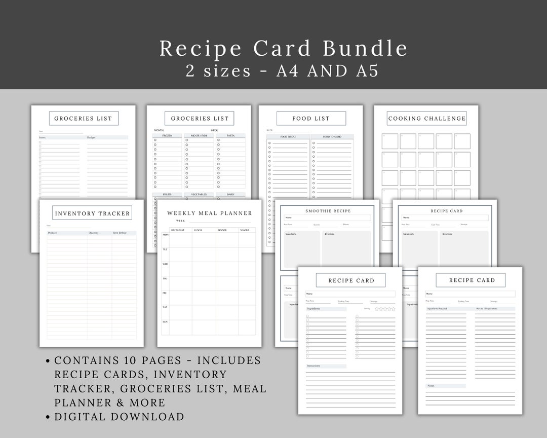 10 Pages Recipe Cards Printable Bundle Groceries List Invetories ...